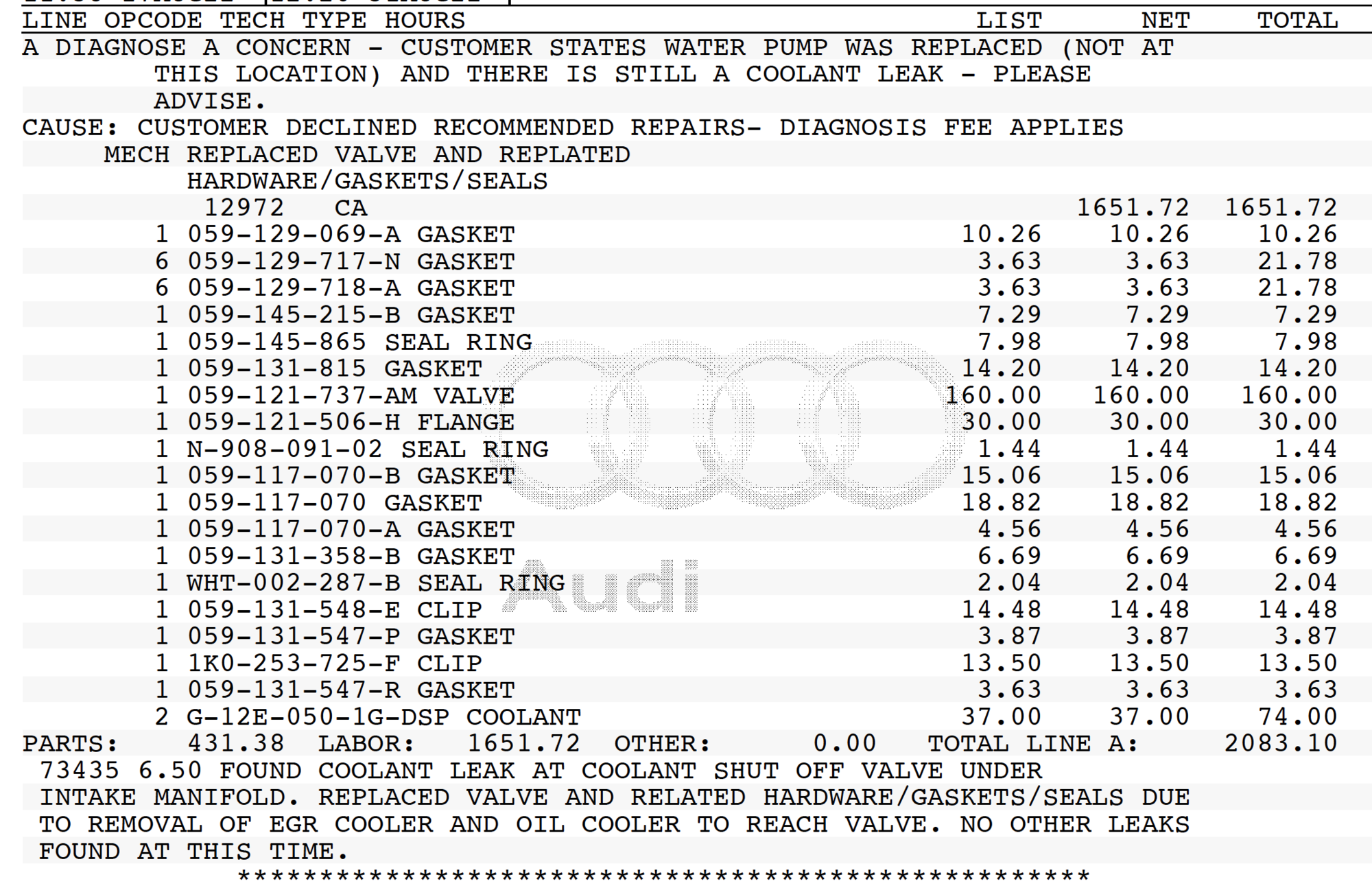 Invoice Review for TDI Warranty Coverage - AudiWorld Forums
