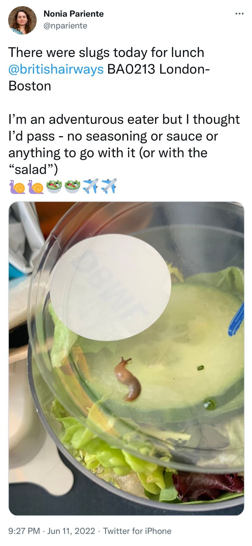 Slug found in meal - FlyerTalk Forums