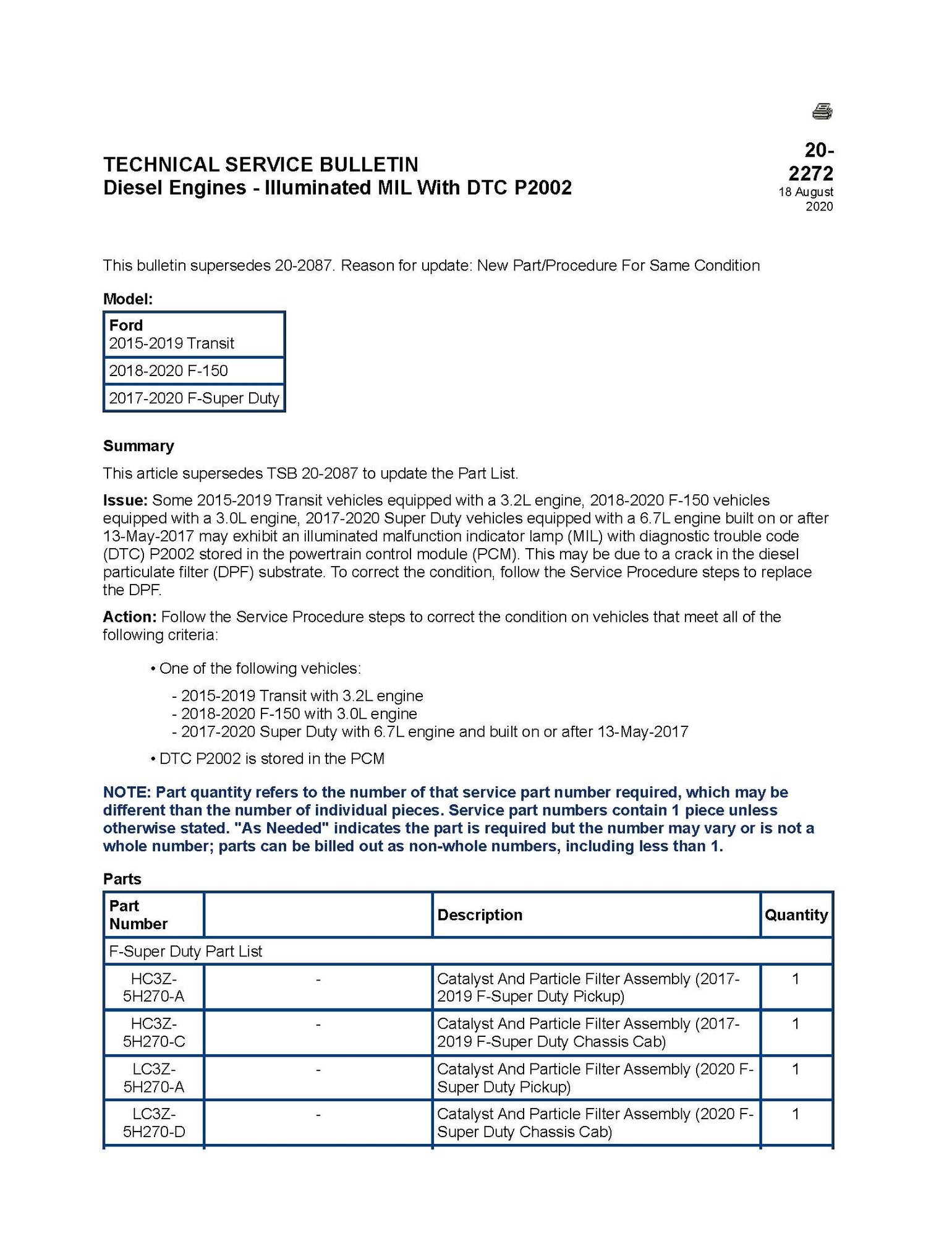 P2002 code with TSB 20-2272 - Ford Truck Enthusiasts Forums