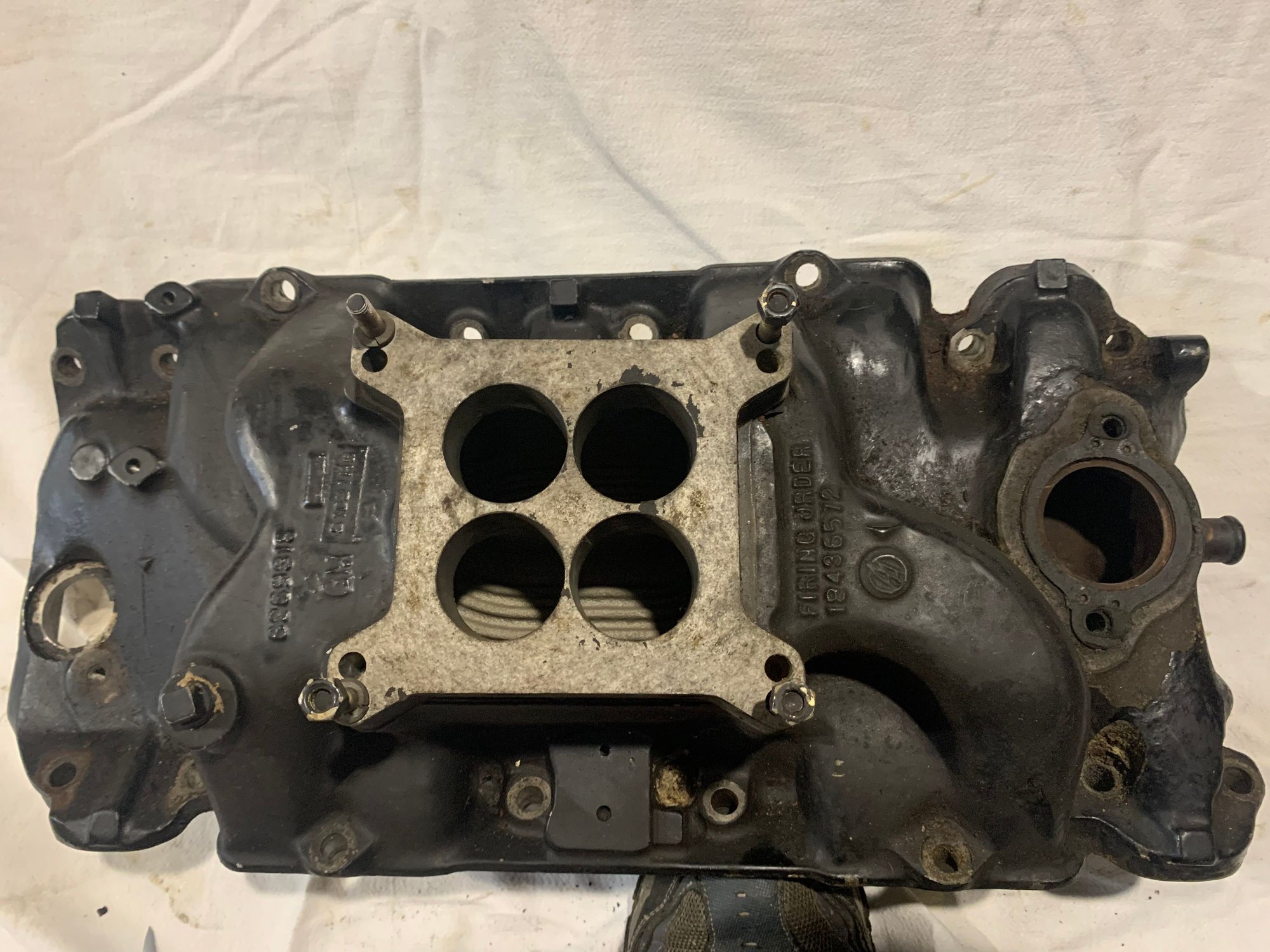 Stock BB dual plane intake, Stainless crossover outlet housing ...